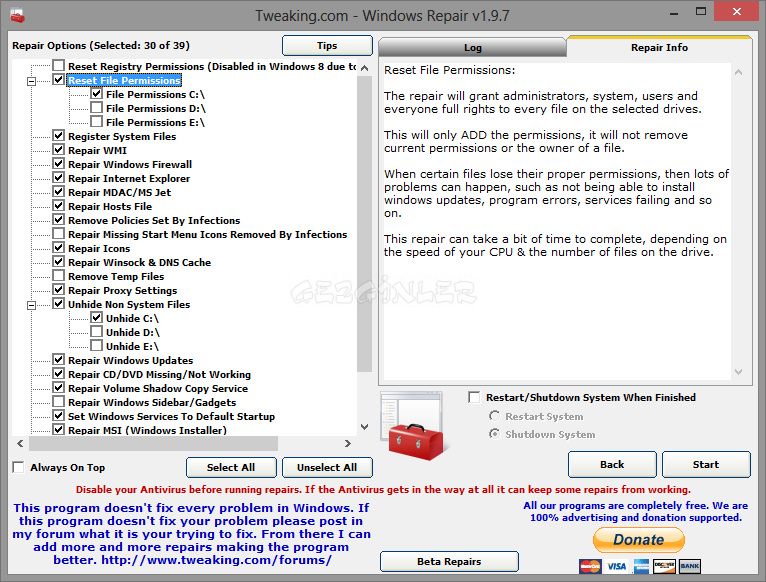 Tweaking.com - Windows Repair Ekran Görüntüsü - Gezginler
